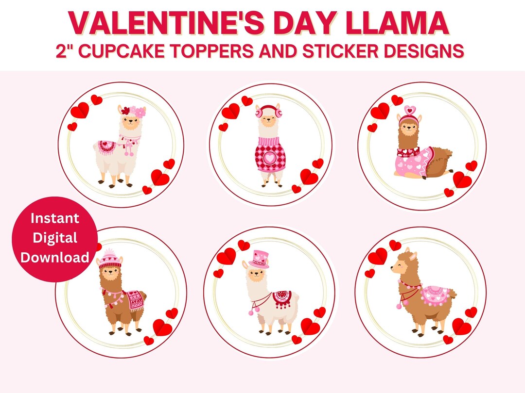 Valentine's Day Llama Printable Cupcake Toppers Digital Download ...
