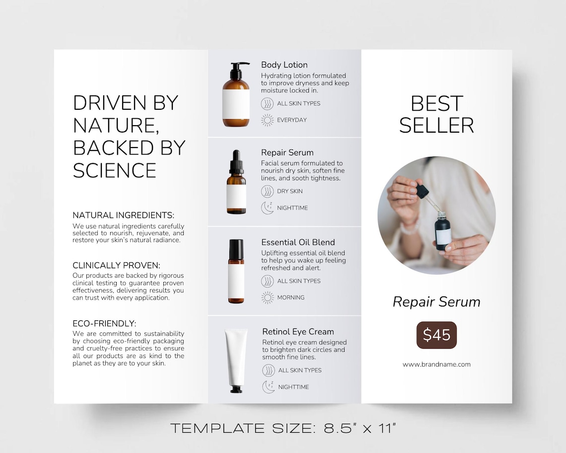 Editable Skincare Brand Brochure Template, Trifold Foldable Product ...