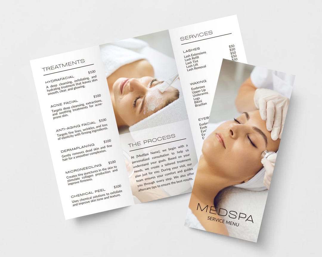 Editable Medspa Trifold Brochure Template, Foldable Esthetician Price ...