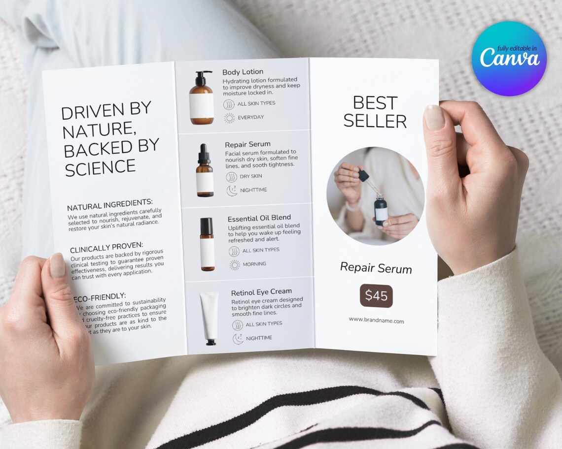 Editable Skincare Brand Brochure Template, Trifold Foldable Product ...