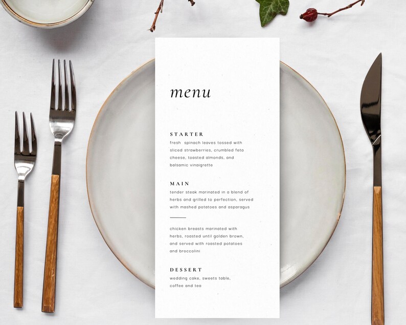 Minimalist Wedding Food Menu Template, Modern Dinner Menu Sign ...