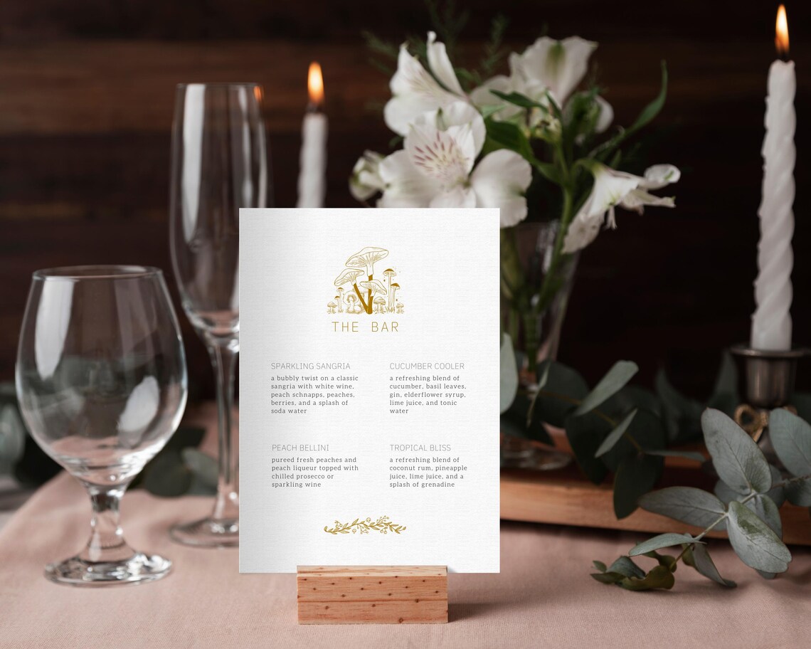 Minimalist Mushroom Wedding Menu Template Bundle, Modern Food and Drink ...