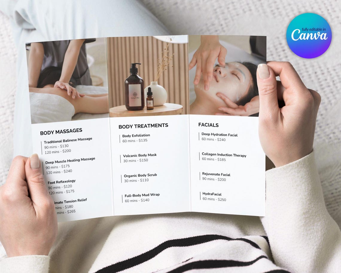 Editable Spa Trifold Brochure Template, Foldable Esthetician Price List ...