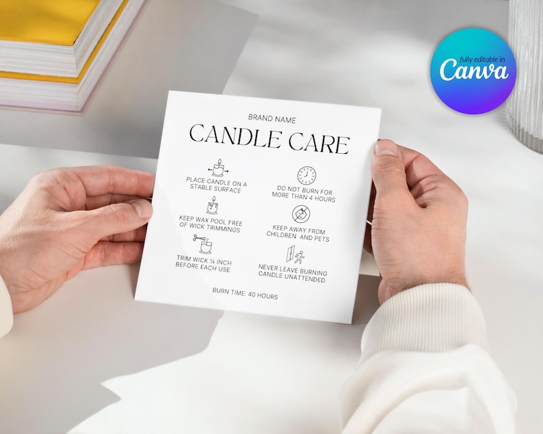 Editable Candle Care Card Template, Thank You Card, Product Packaging ...