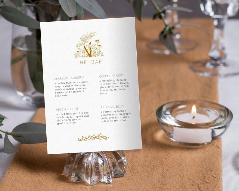 Minimalist Mushroom Wedding Menu Template Bundle, Modern Food and Drink ...