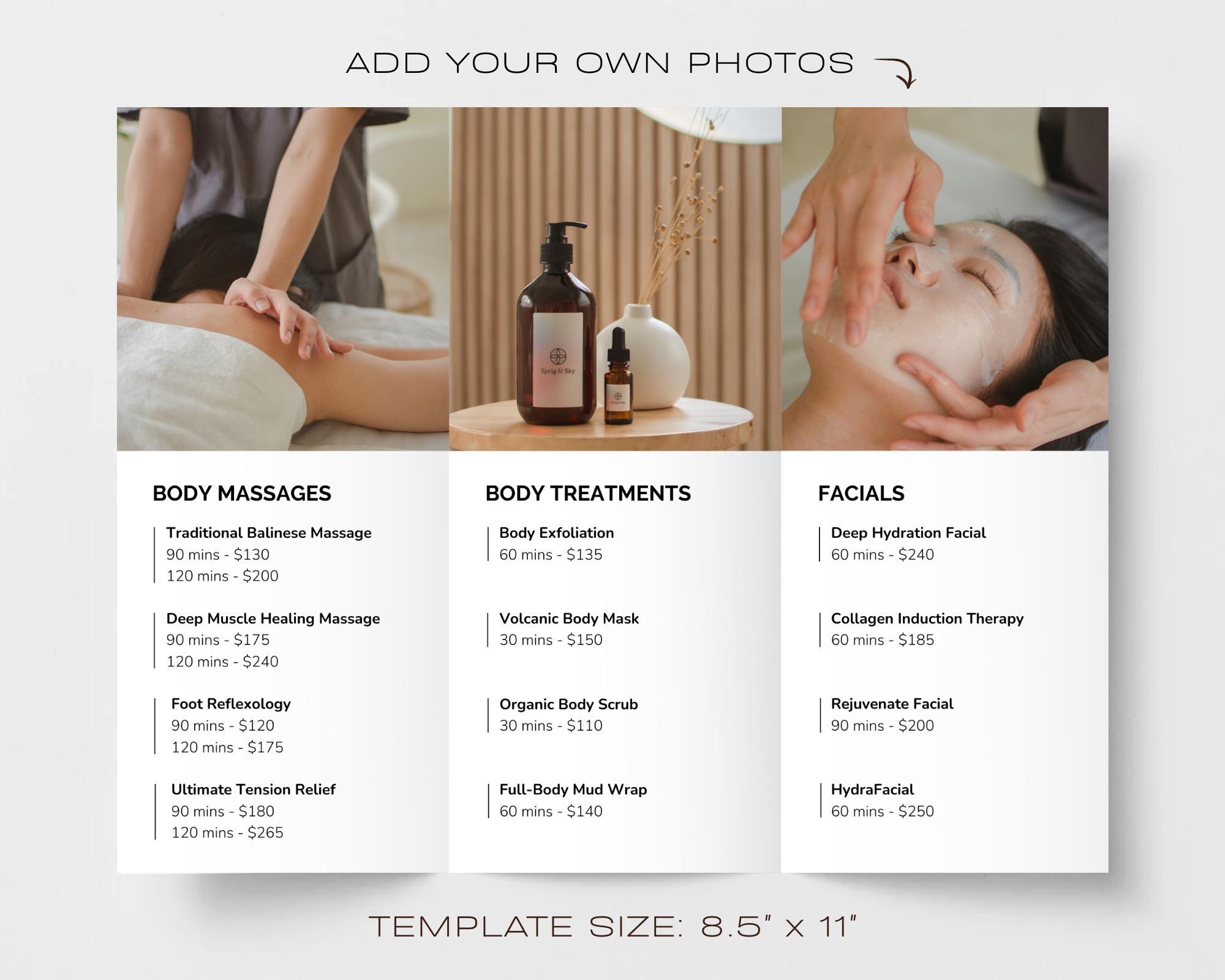 Editable Spa Trifold Brochure Template, Foldable Esthetician Price List ...
