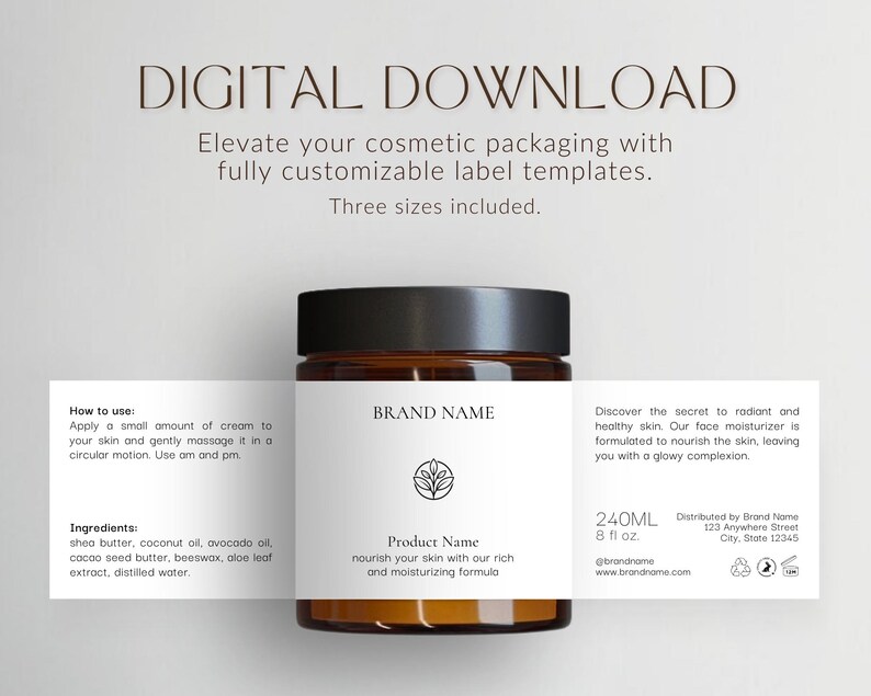 Custom Cosmetic Jar Label Template, DIY Beauty Product Label, Wrap ...