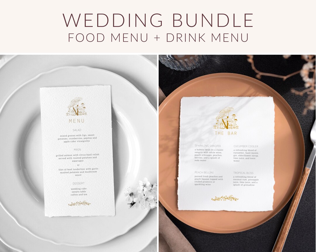 Minimalist Mushroom Wedding Menu Template Bundle, Modern Food and Drink ...