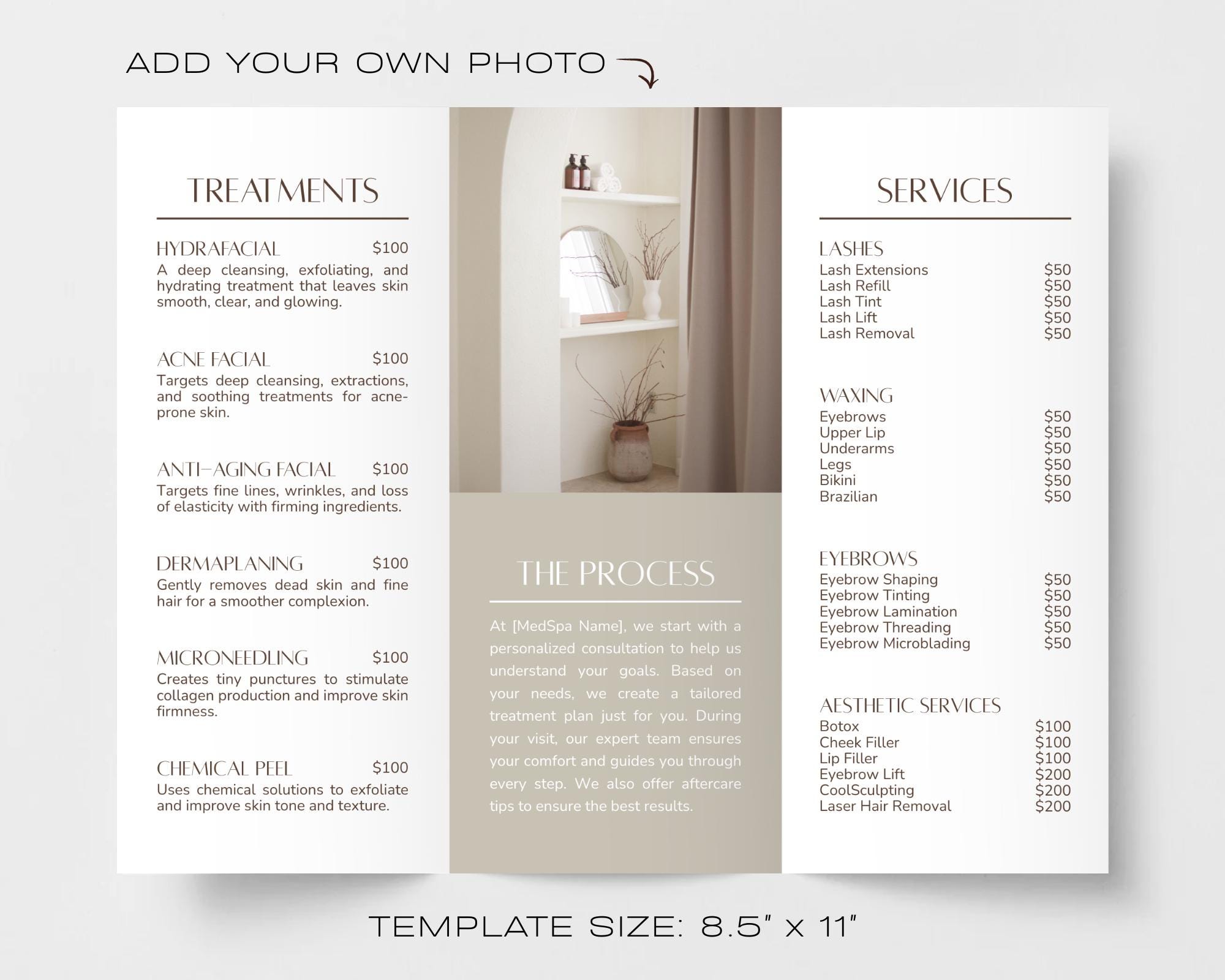 Editable Medspa Trifold Brochure Template, Foldable Esthetician Price ...
