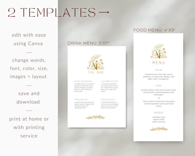Minimalist Mushroom Wedding Menu Template Bundle, Modern Food and Drink ...
