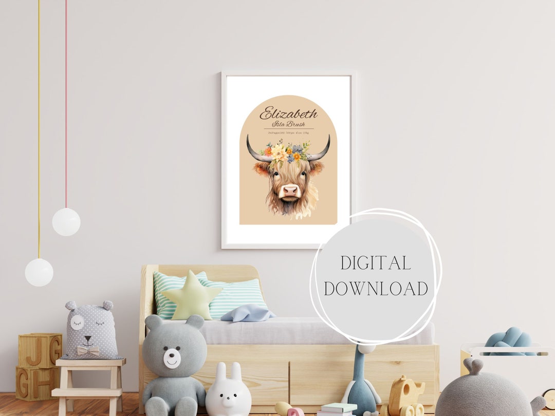 Highland Cow Name Plate, Wall Art, Digital Download, Nursery, Child's ...