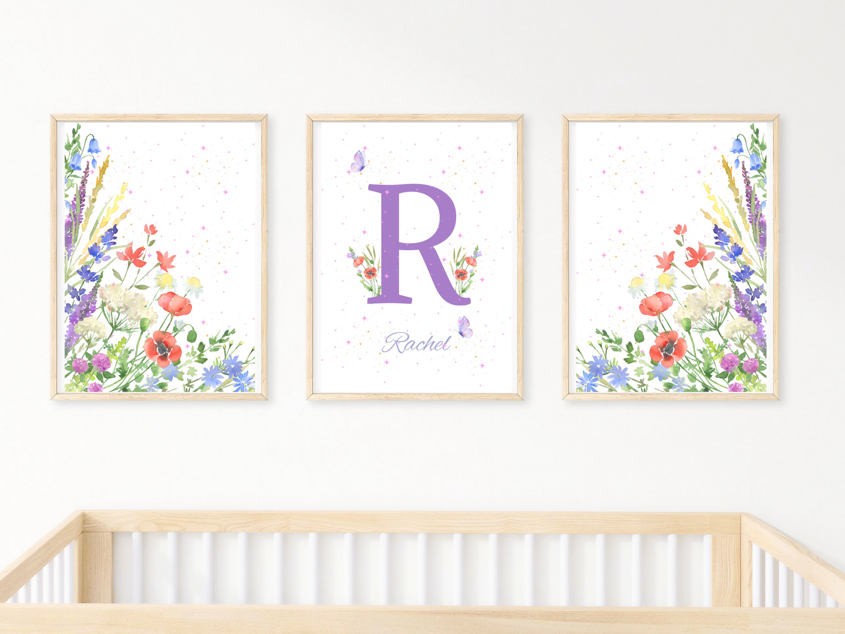 Purple Floral Name Plate, Flowers, Set of 3, Digital Download, Baby ...