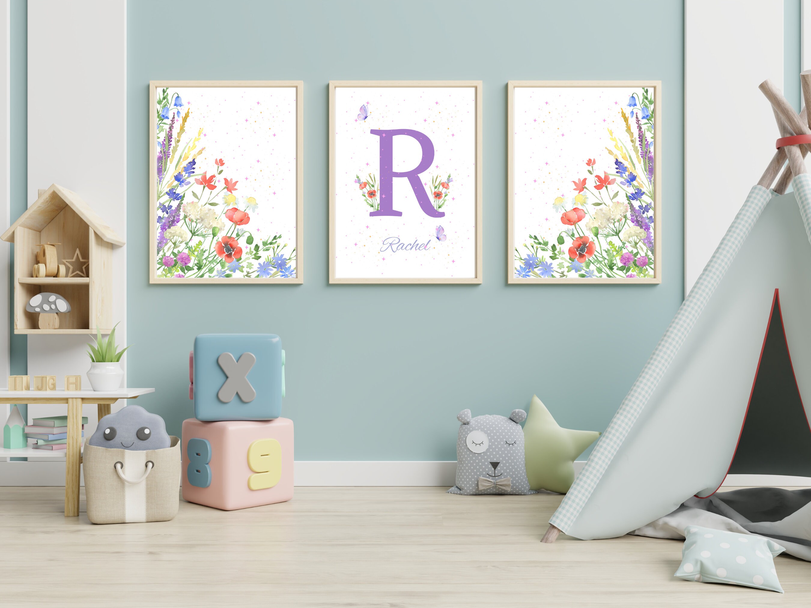 Purple Floral Name Plate, Flowers, Set of 3, Digital Download, Baby ...