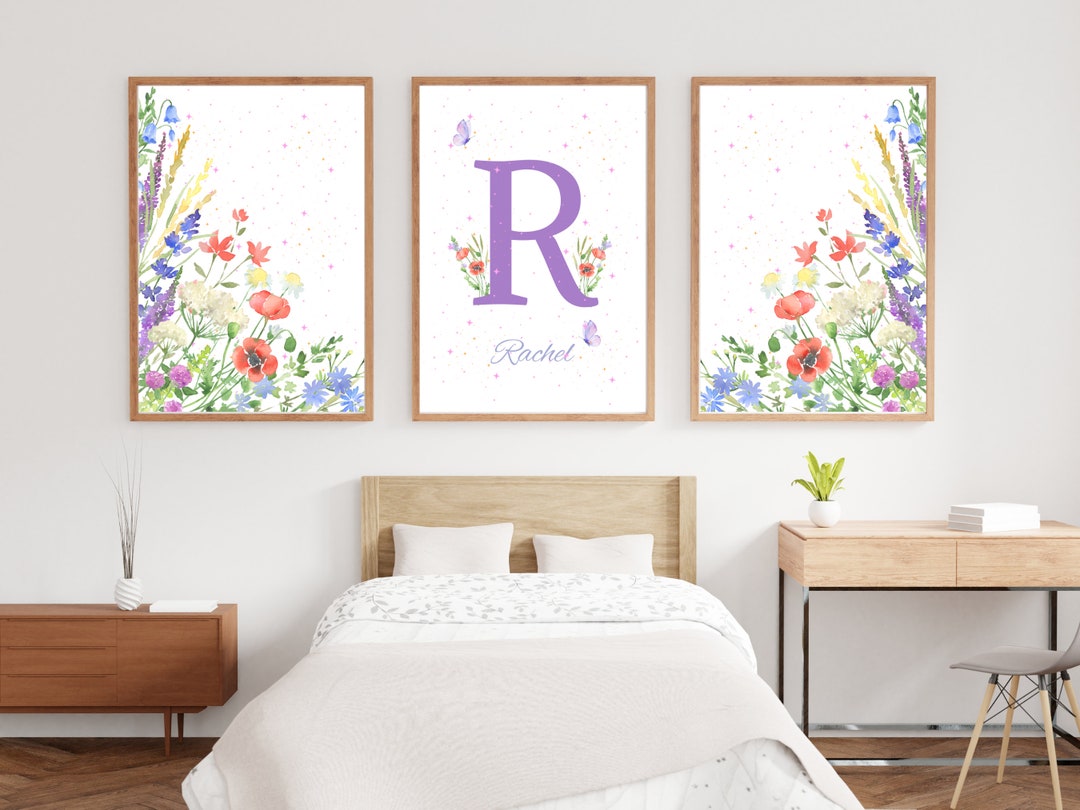 Purple Floral Name Plate, Flowers, Set of 3, Digital Download, Baby ...