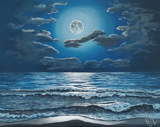 Acrylic Painting , Moon , Beach at Night , Ocean Original Painting ...