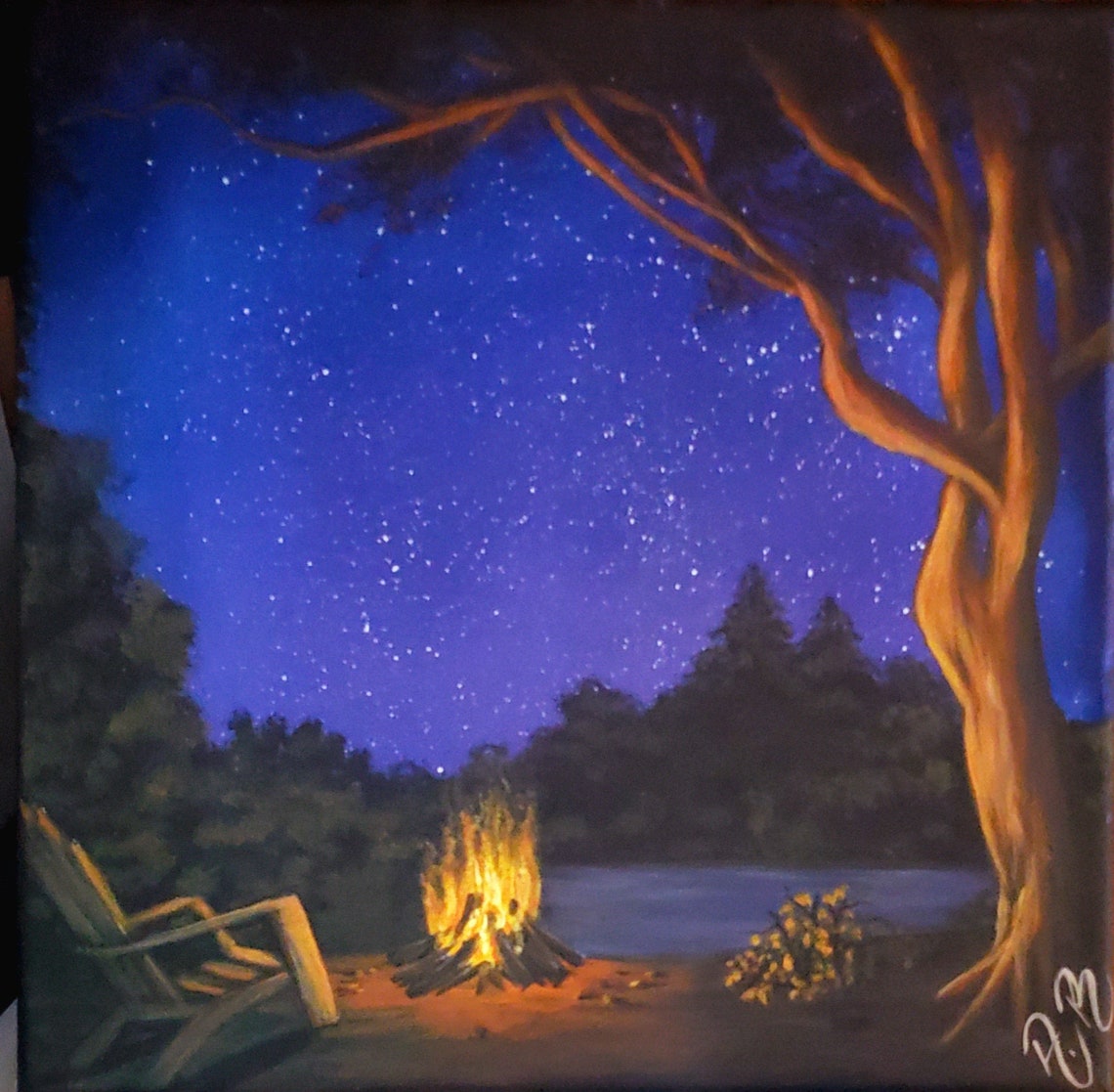 Original Campfire Acrylic Painting, Starry Night Forest Landscape ...