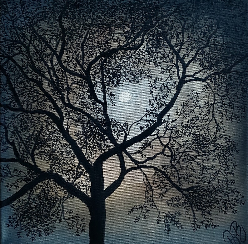 Original Tree Acrylic Painting, Moonlight Nightscape, 12x12 Canvas Art ...