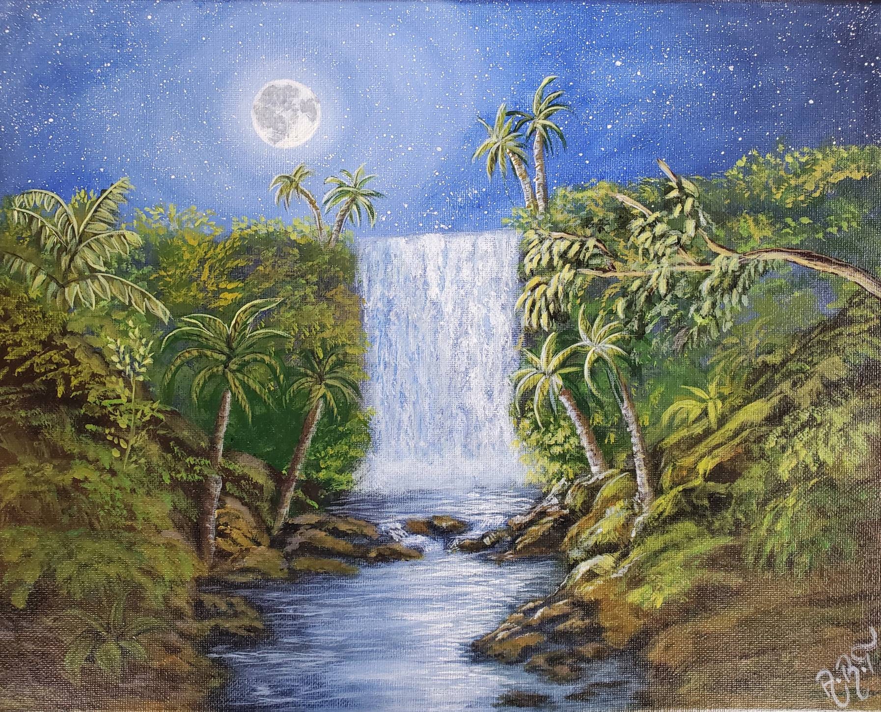 Waterfall Original Painting Green Forest Painting Painting - Etsy