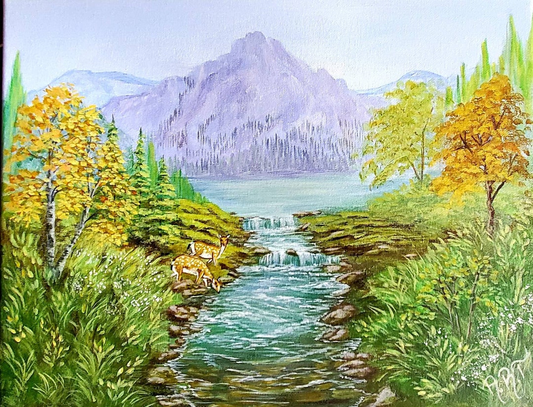 Autumn Landscape Painting , Fall Acrylic Scenery on Canvas , Birch ...