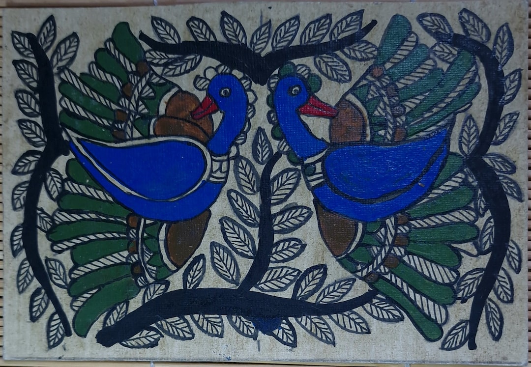 MADHUBANI / MITHILA Style Painting Indian Art Theme : Peacocks 14x9.5cm ...