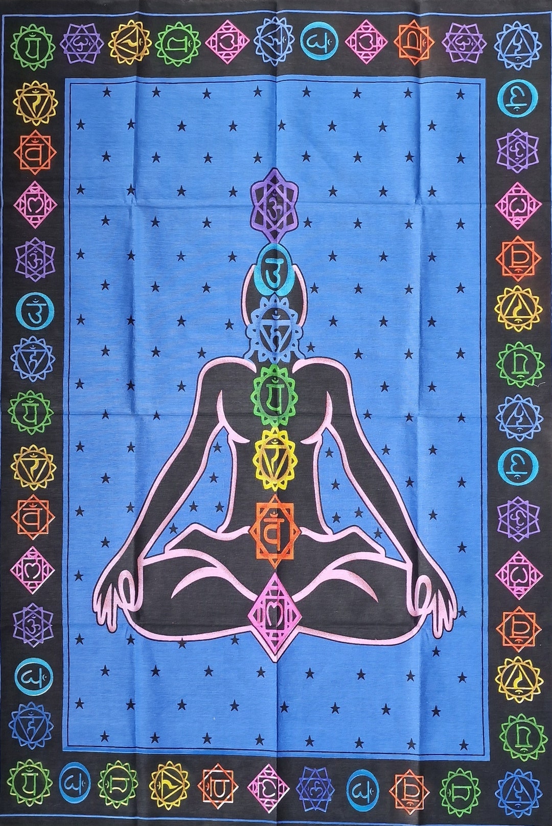 Indian Wall Hanging 7 Chakras and Meditation Pose Blue Color Cotton ...
