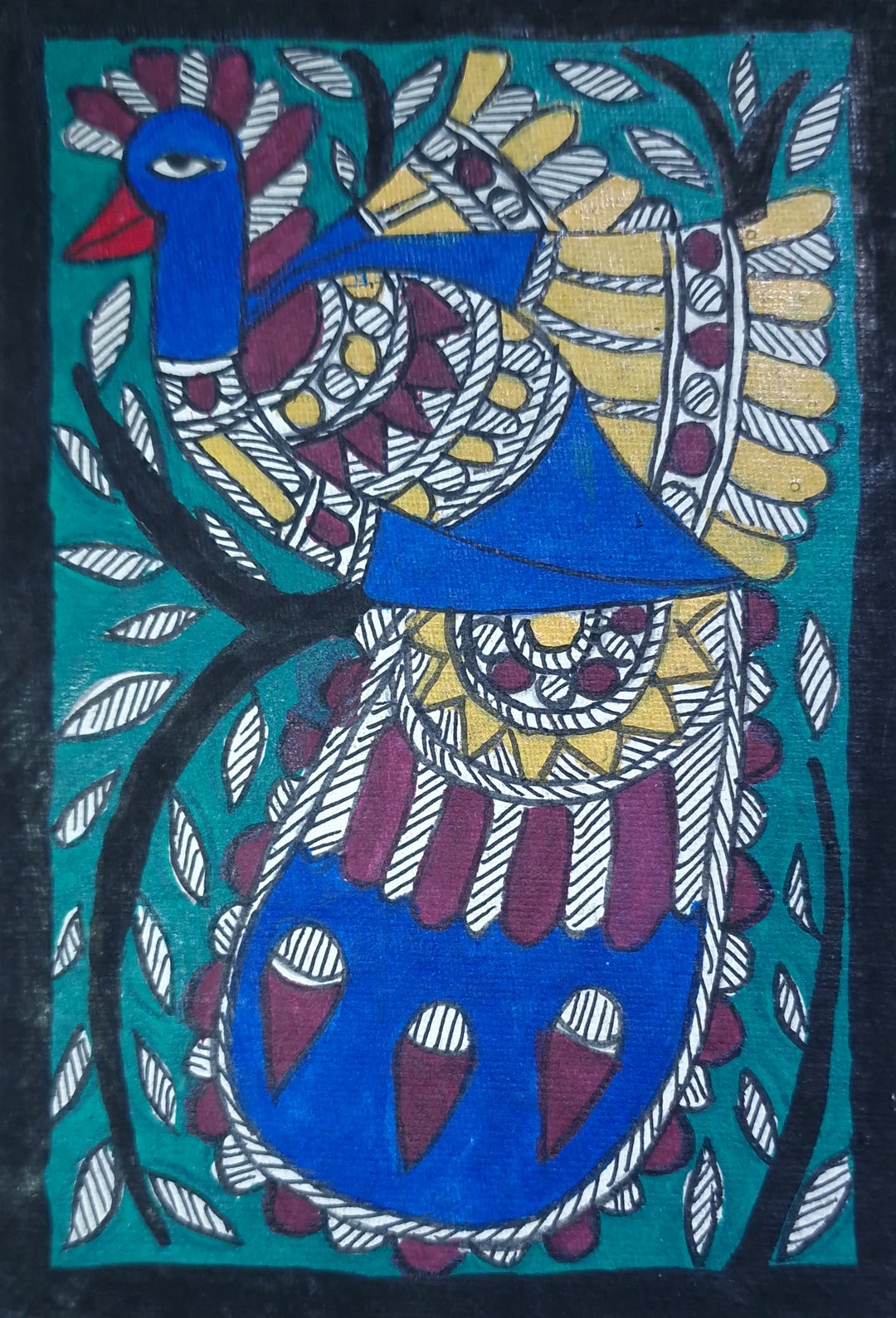 MADHUBANI / MITHILA Style Painting Indian Art Theme : Peacock 14x9.5cm ...