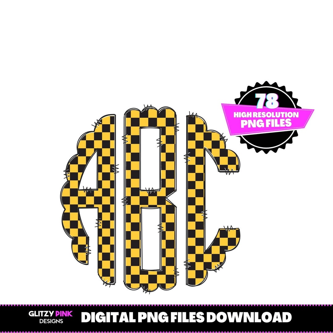 Black and Yellow Checkerboard Doodle Scallop Monogram, Mardi Gras ...