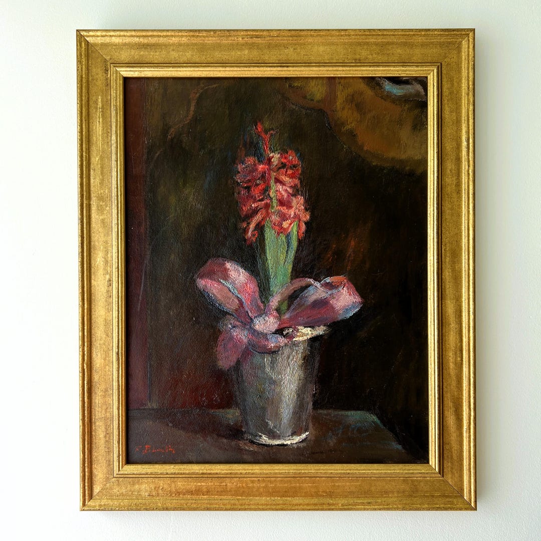 Antique “POTTED RED HYACINTH” French Original Still Life Oil Painting ...