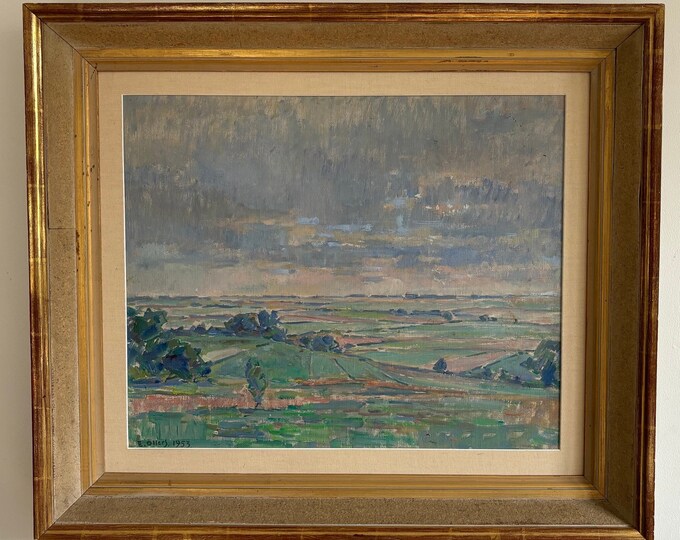 1953 “PINK FIELDS” Swedish Original Oil Painting Vintage Framed Signed ...