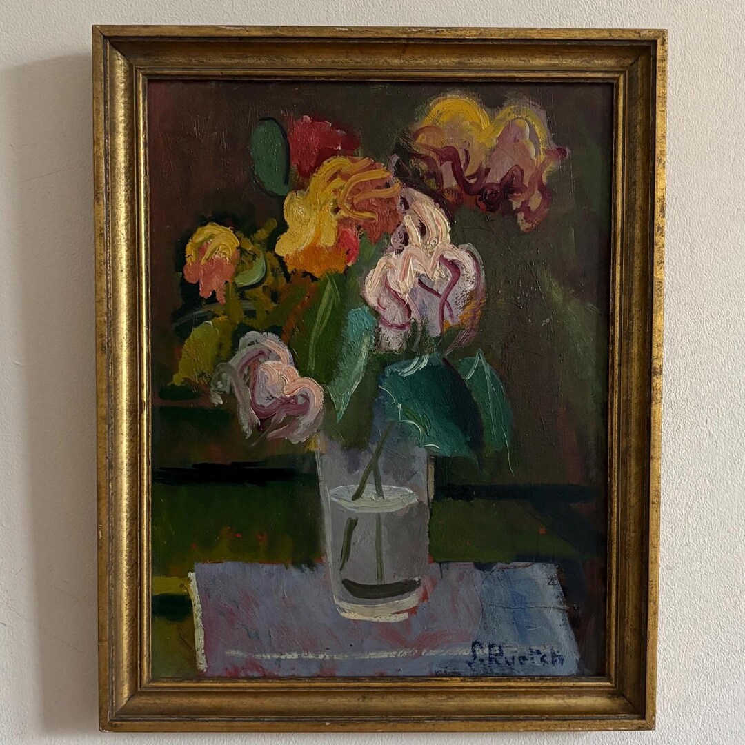 French Oil Painting flowers in Glass Vase Framed Original France ...