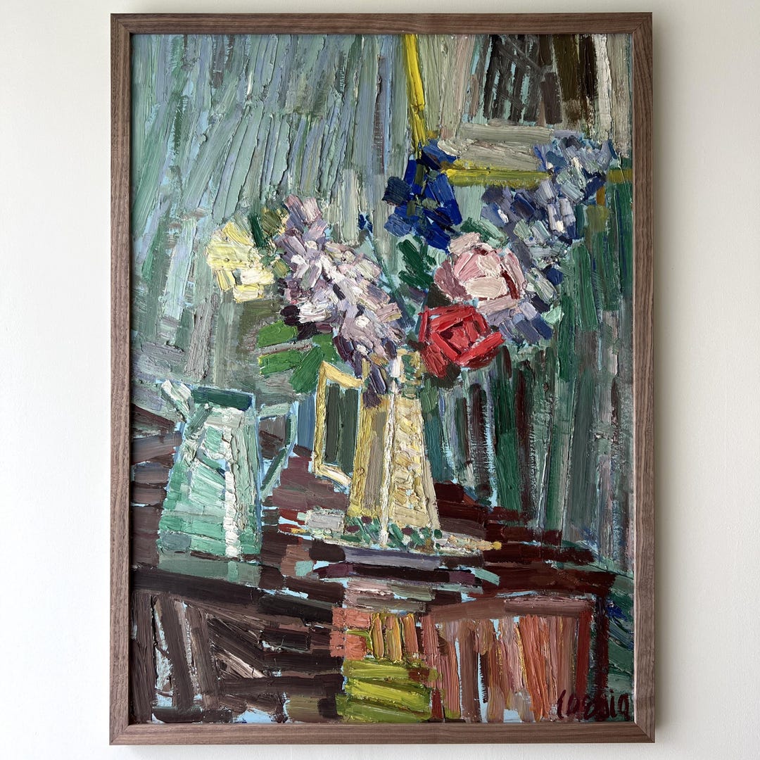 Large Vintage “IMPASTO BOUQUET and JUG” French Original Still Life Oil ...