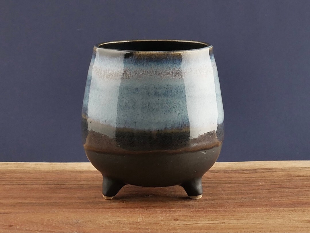 Handmade Tripod Pottery Cup - Blue & Black - Etsy