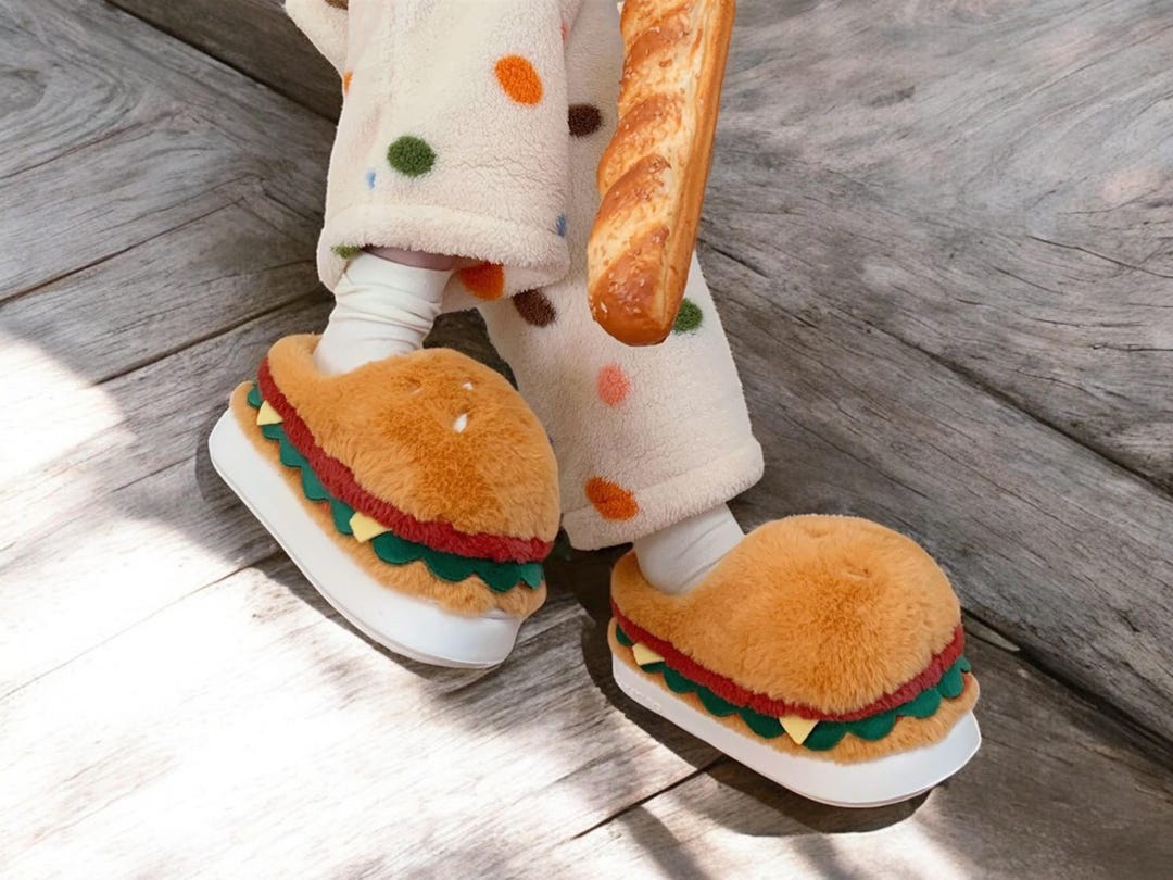 Fuzzy Hamburger Slippers for Men Creative Indoor Half Shoes Thick Plush ...