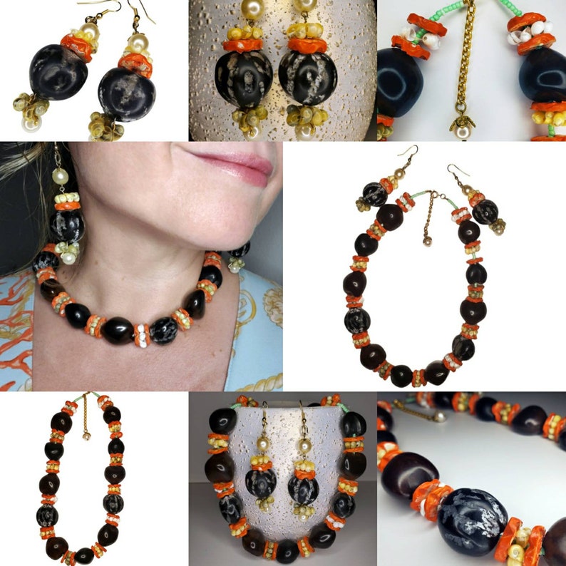 Beaded Style Kukui Nut Tiger Brown Black Choker Earrings Necklace With ...