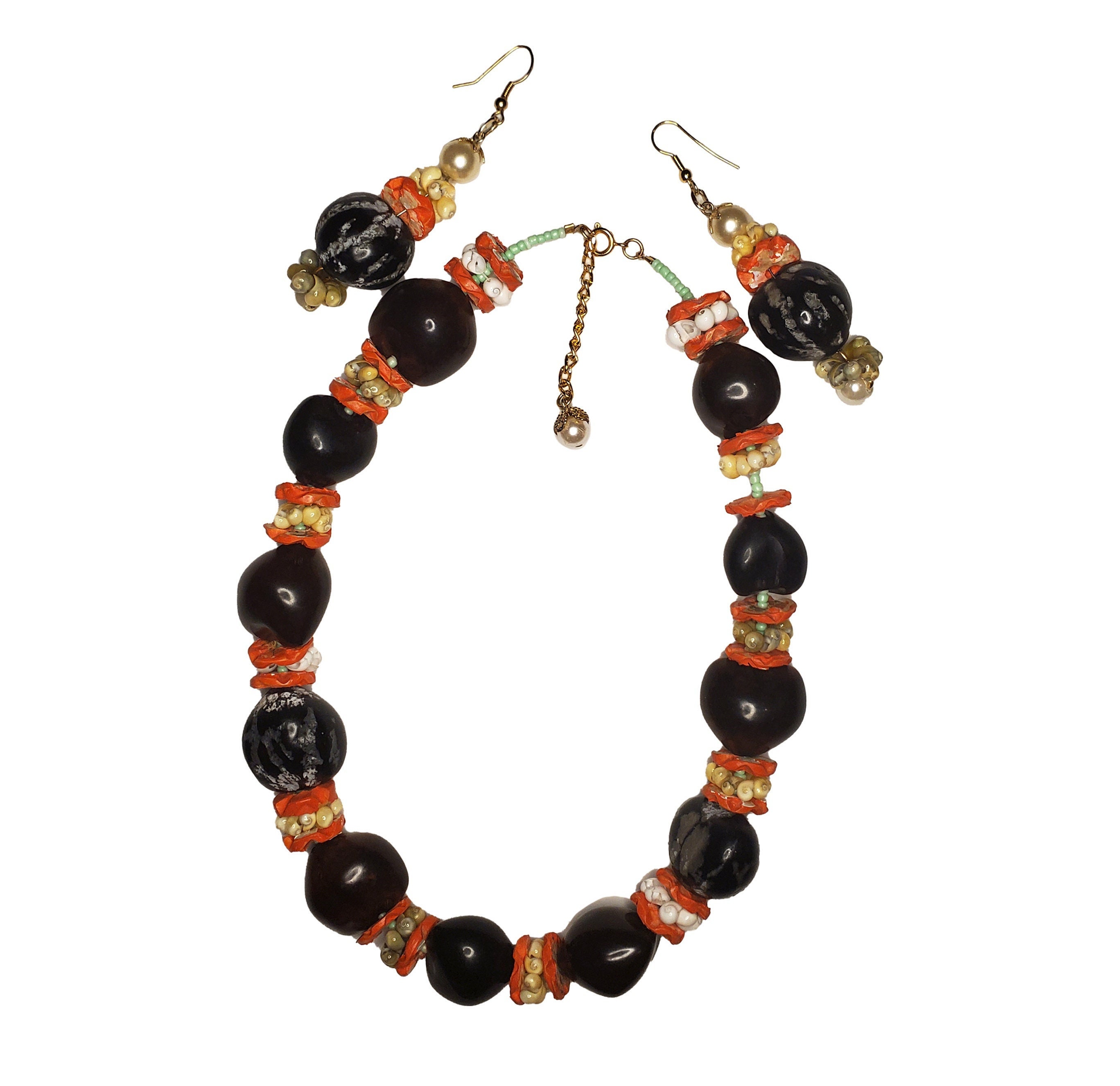 Beaded Style Kukui Nut Tiger Brown Black Choker Earrings Necklace With ...