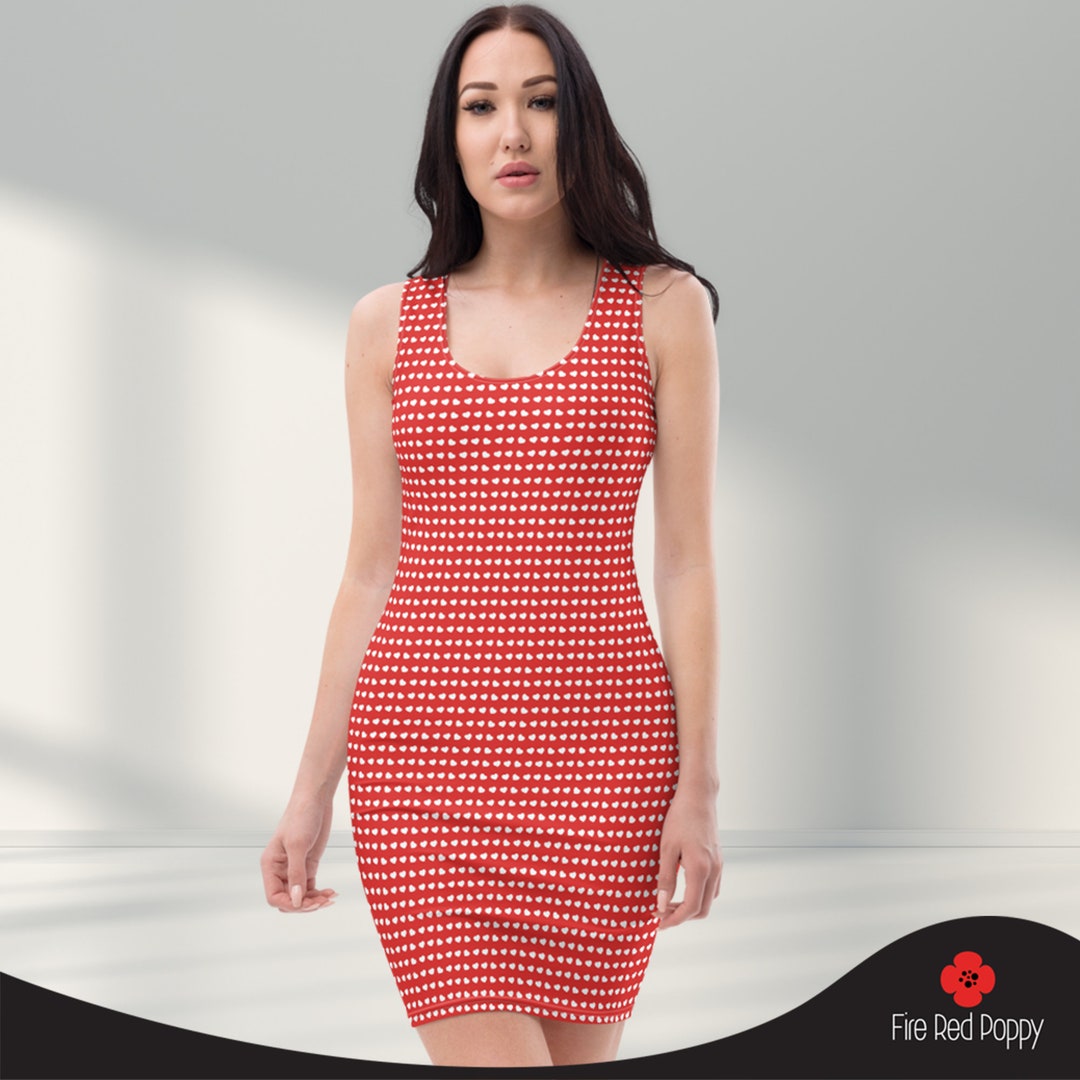 Red Bodycon Dress White Heart Pattern Body Hugging Dress Fitted Dress ...
