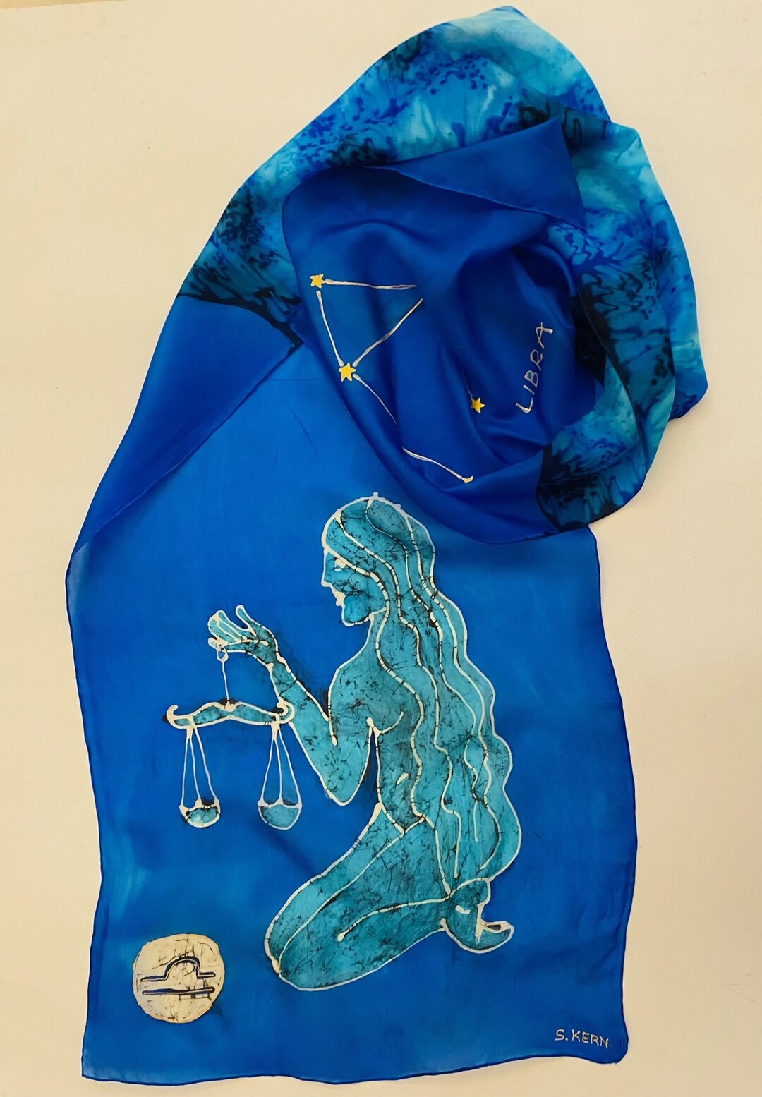 Zodiac Sign Libra Scarf/hand Painted Batik Silk Scarf/blue Light Shawl ...