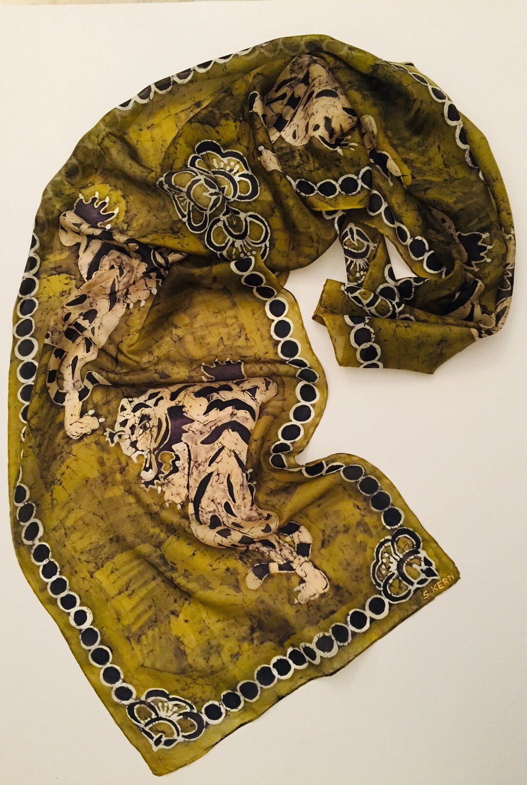 Hand-painted Tiger Batik Silk Scarf, Olive Green Floral Print - Etsy