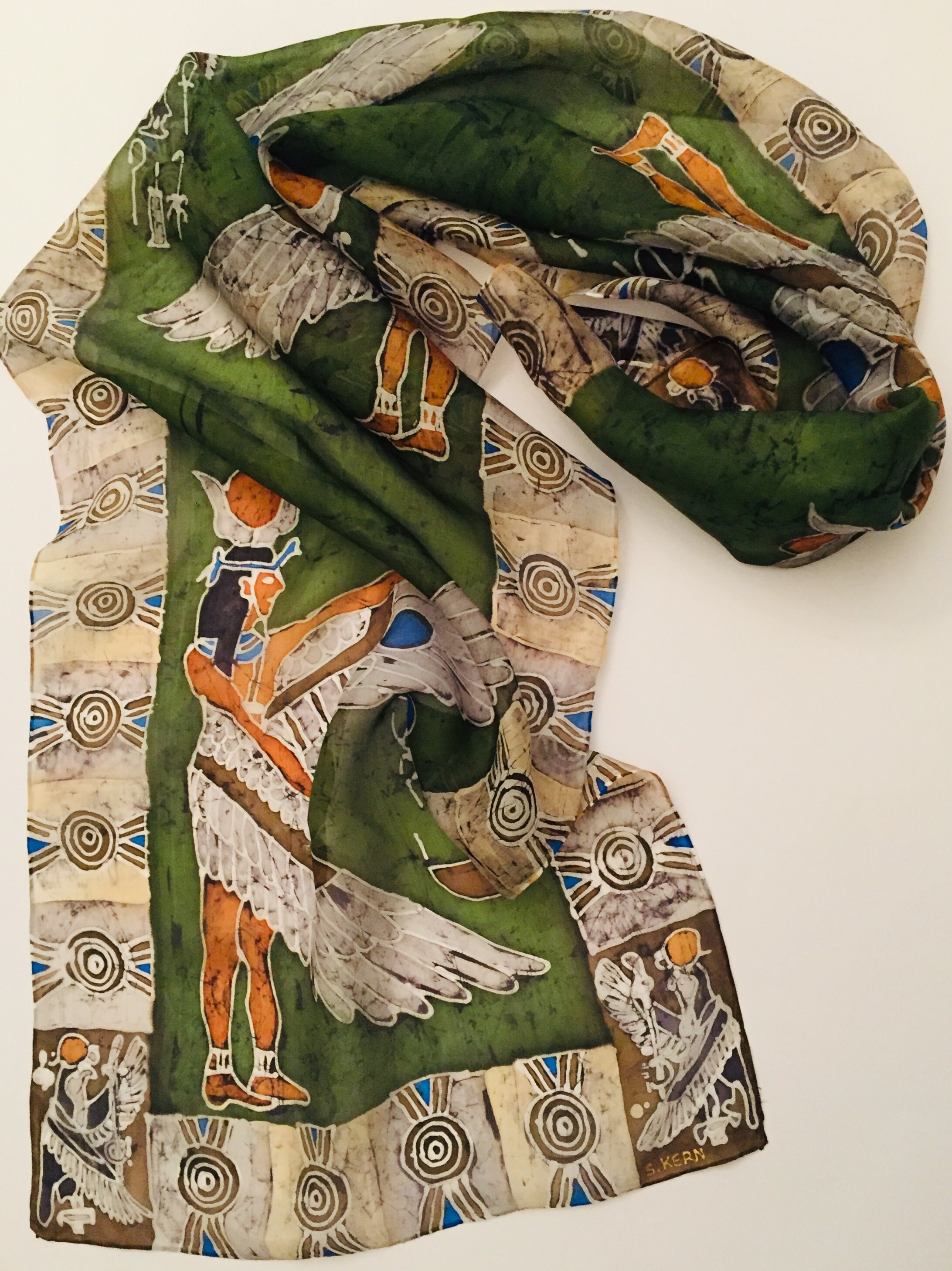 Silk Scarf With Ancient Egyptian Hieroglyphs/hand Painted Olive Green ...