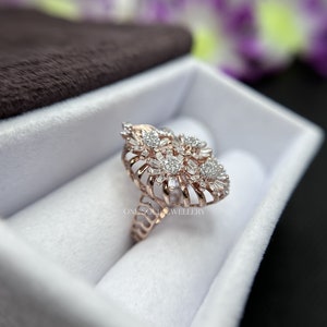 Elegant Big Flower Diamond Ring, 14K Solid Rose Gold Ring, Cocktail ...