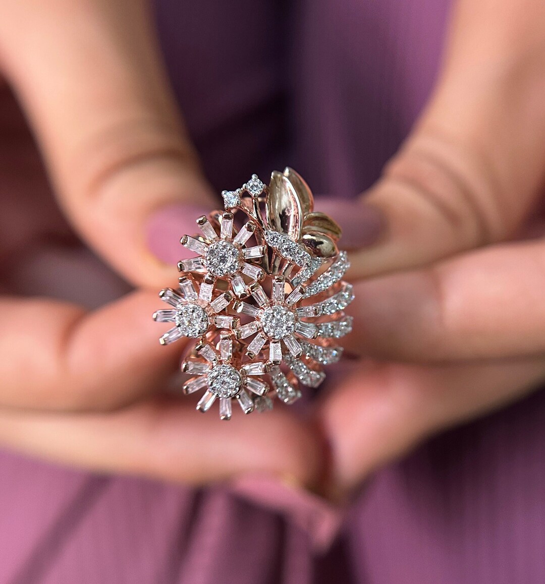 Elegant Big Flower Diamond Ring, 14K Solid Rose Gold Ring, Cocktail ...