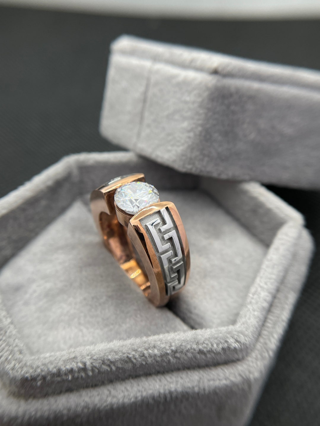 Greek Key Meander Ring for Men. Art Deco Round Moissanite Ring for Him ...