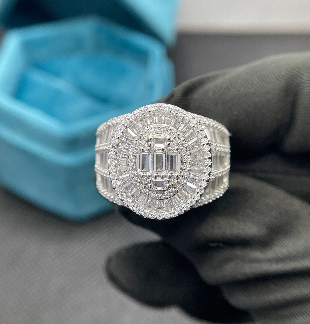 Mens Iced Out VVS Moissanite Ring, Baguette Round Diamond Ring for Men ...