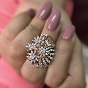 Elegant Big Flower Diamond Ring, 14K Solid Rose Gold Ring, Cocktail ...