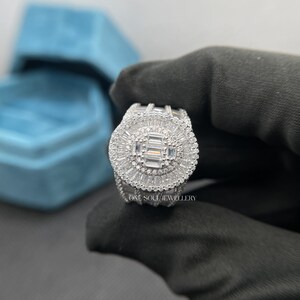 Mens Iced Out VVS Moissanite Ring, Baguette Round Diamond Ring for Men ...