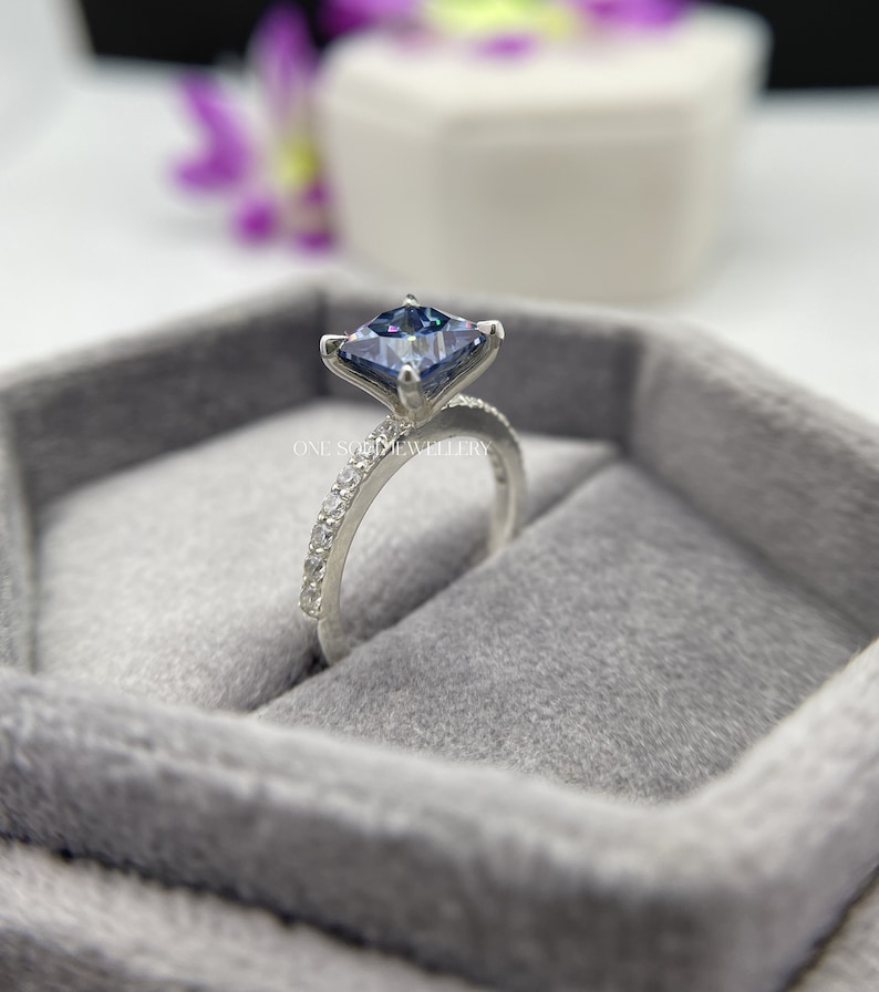 Royal Blue Princess Cut Moissanite Engagement Ring, Pave Set Wedding ...