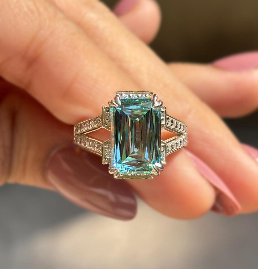 5.00 CT Cyan Blue Criss Cut Moissanite Engagement Ring, Emerald Cut ...