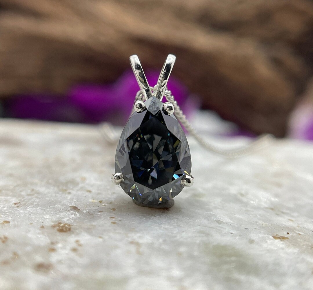 Dark Grey Pear Cut Moissanite Pendant, 2CT Grey Pear Solitaire Pendant ...