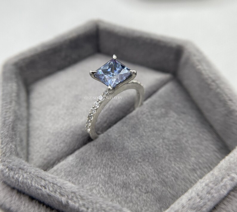 Royal Blue Princess Cut Moissanite Engagement Ring, Pave Set Wedding ...