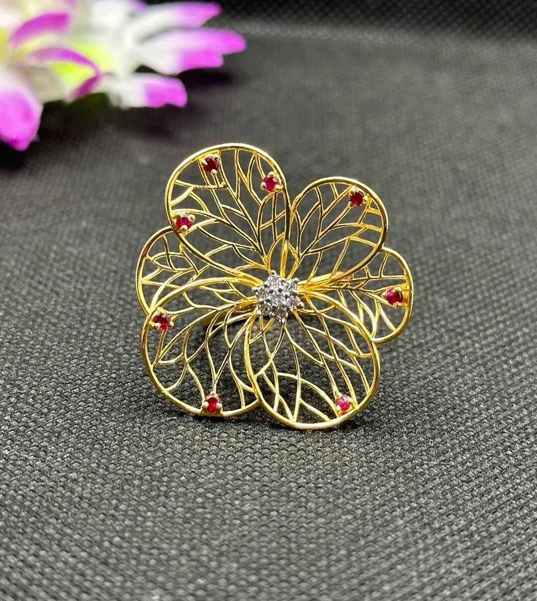 Vintage Filigree Big Flower Ring, Diamond Flower Ring, Unique Handmade ...